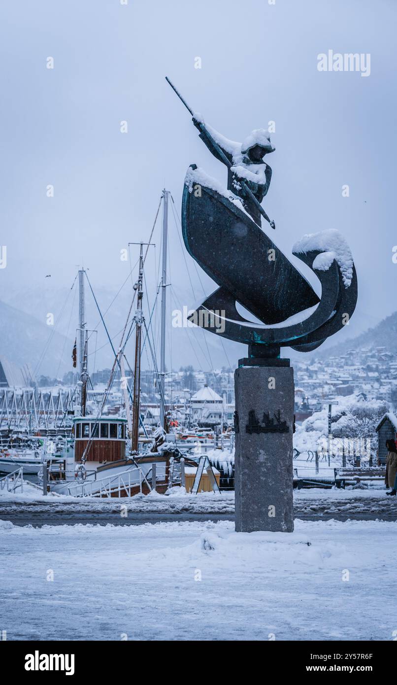 The Arctic Hunter Monument in Tromso, Norway. The monument is coated in ...