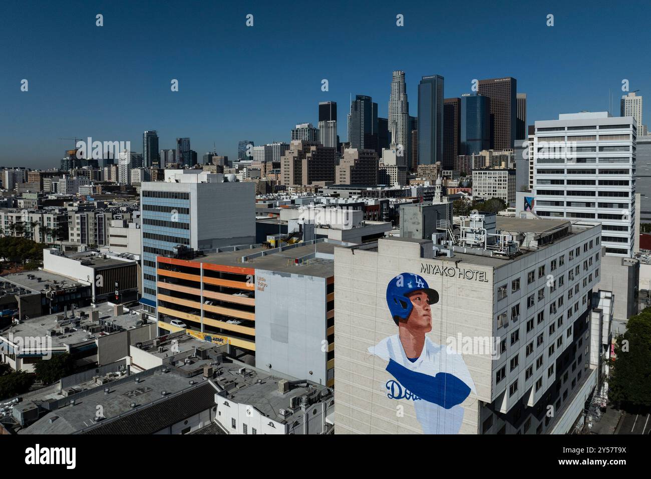 An aerial view shows a mural in progress of Los Angeles Dodgers' Shohei ...