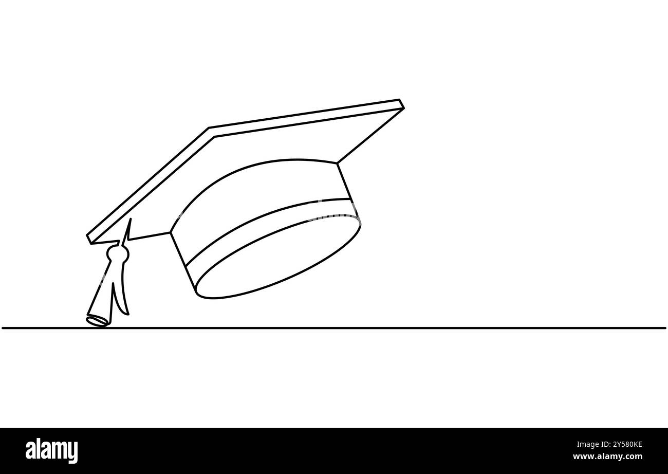 Continuous cap one line art drawing of graduation hat concept outline ...