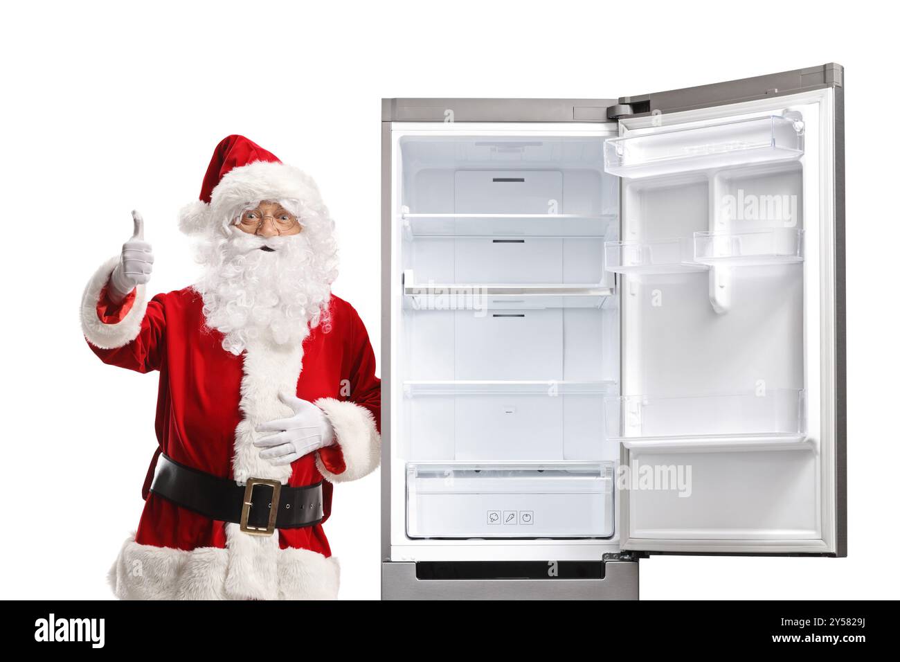 Santa claus leaning on an empty open fridge and showing thumbs up ...