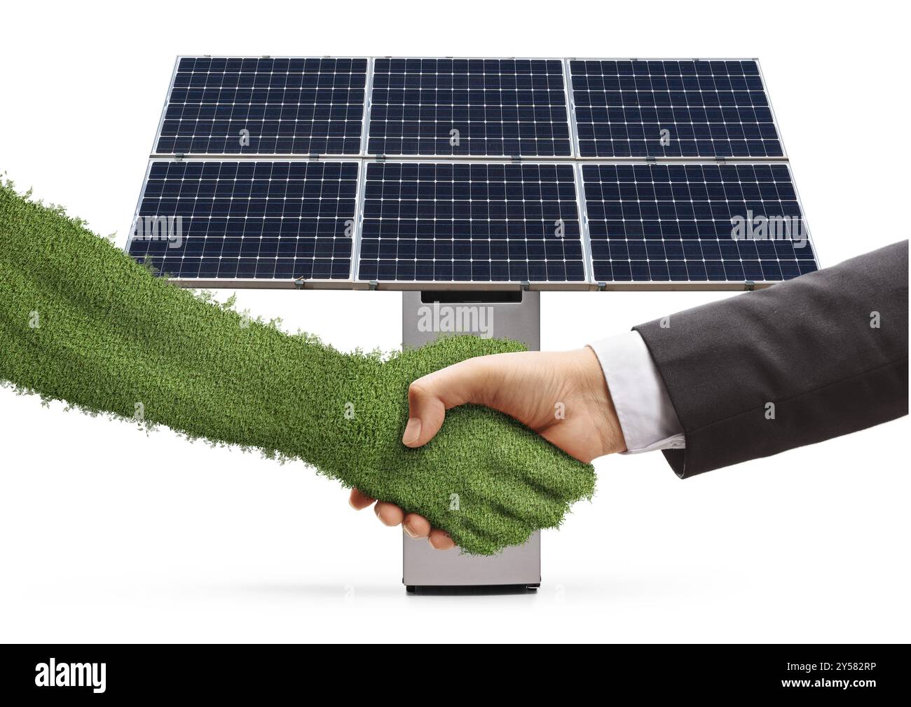 Businessman shaking hand with a green grass hand in front of a ...