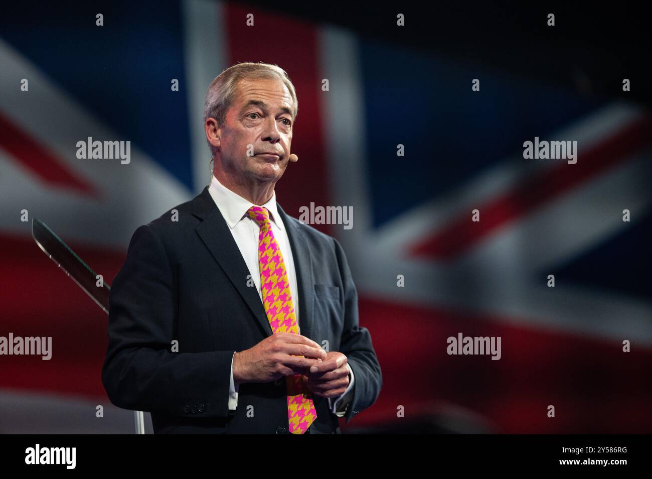 Birmingham, UK. 20th September, 2024. Nigel Farage MP addressing the ...