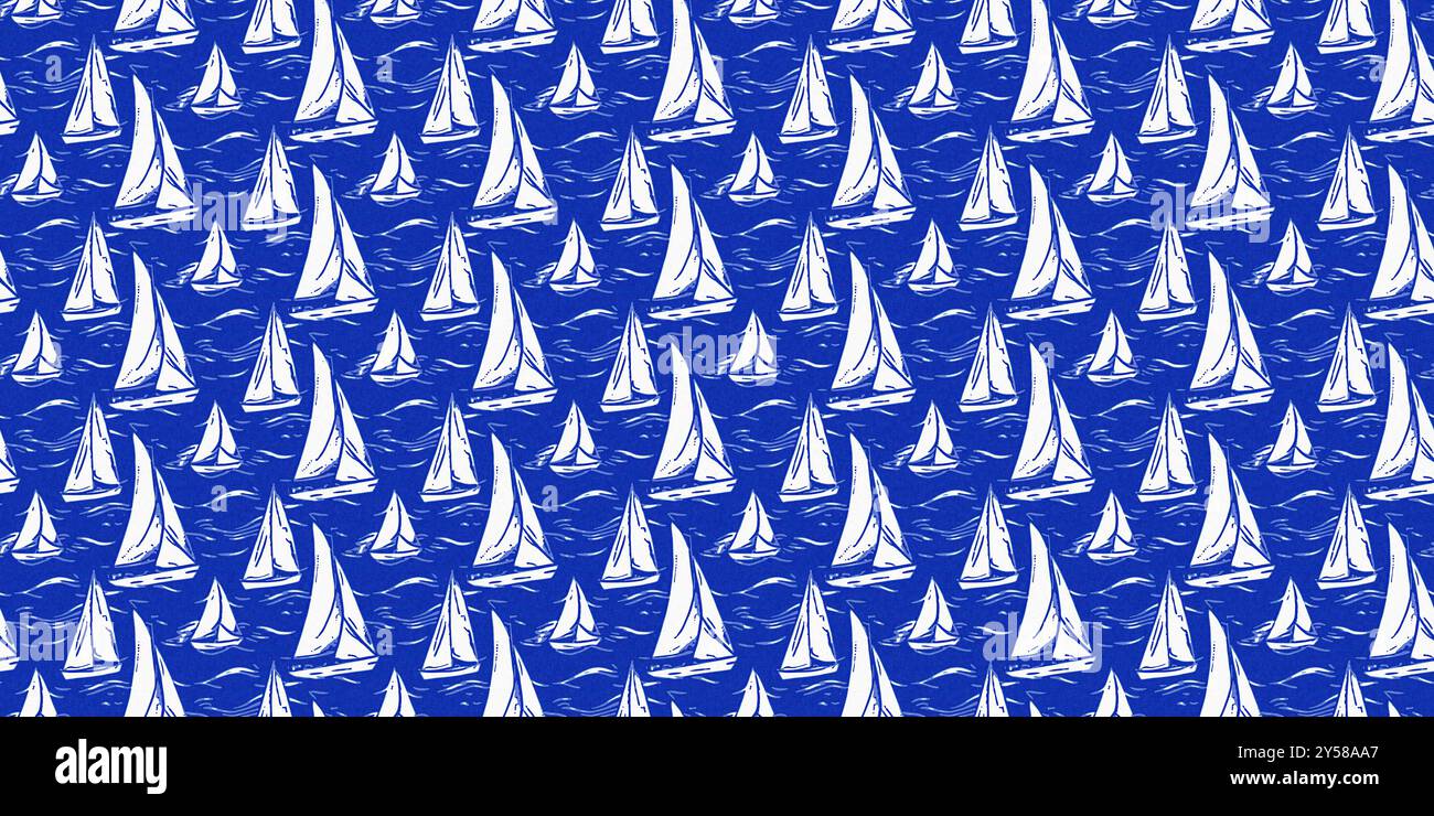 Modern sailing race boat block print banner for decorative coast ...