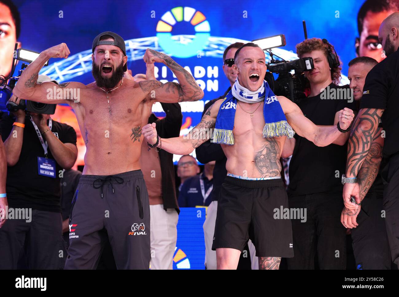 Anthony Cacace and Josh Warrington during a weigh-in at Trafalgar ...