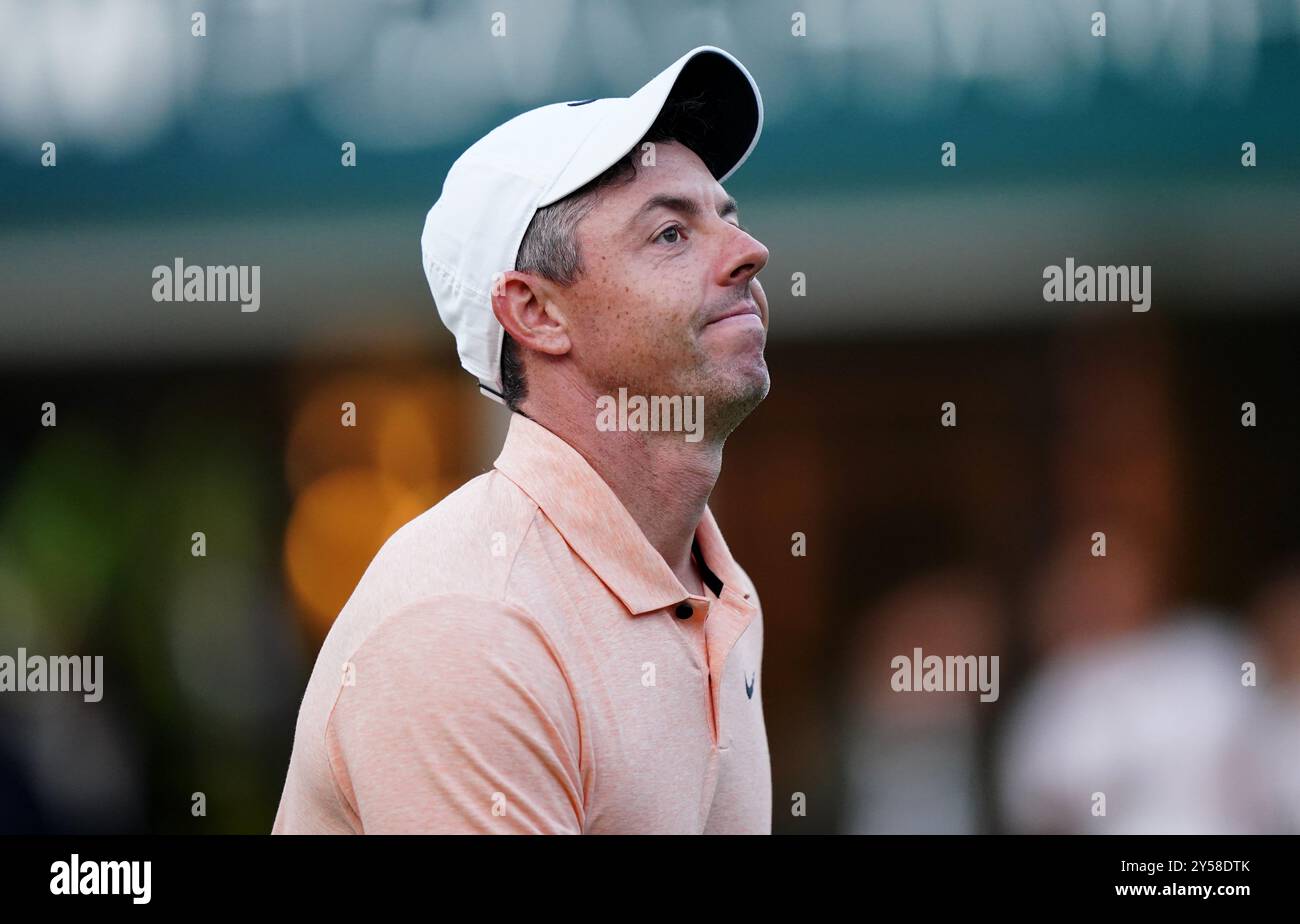 Northern Ireland's Rory McIlroy after finishing his round on the 18th during day two of the 2024 ...