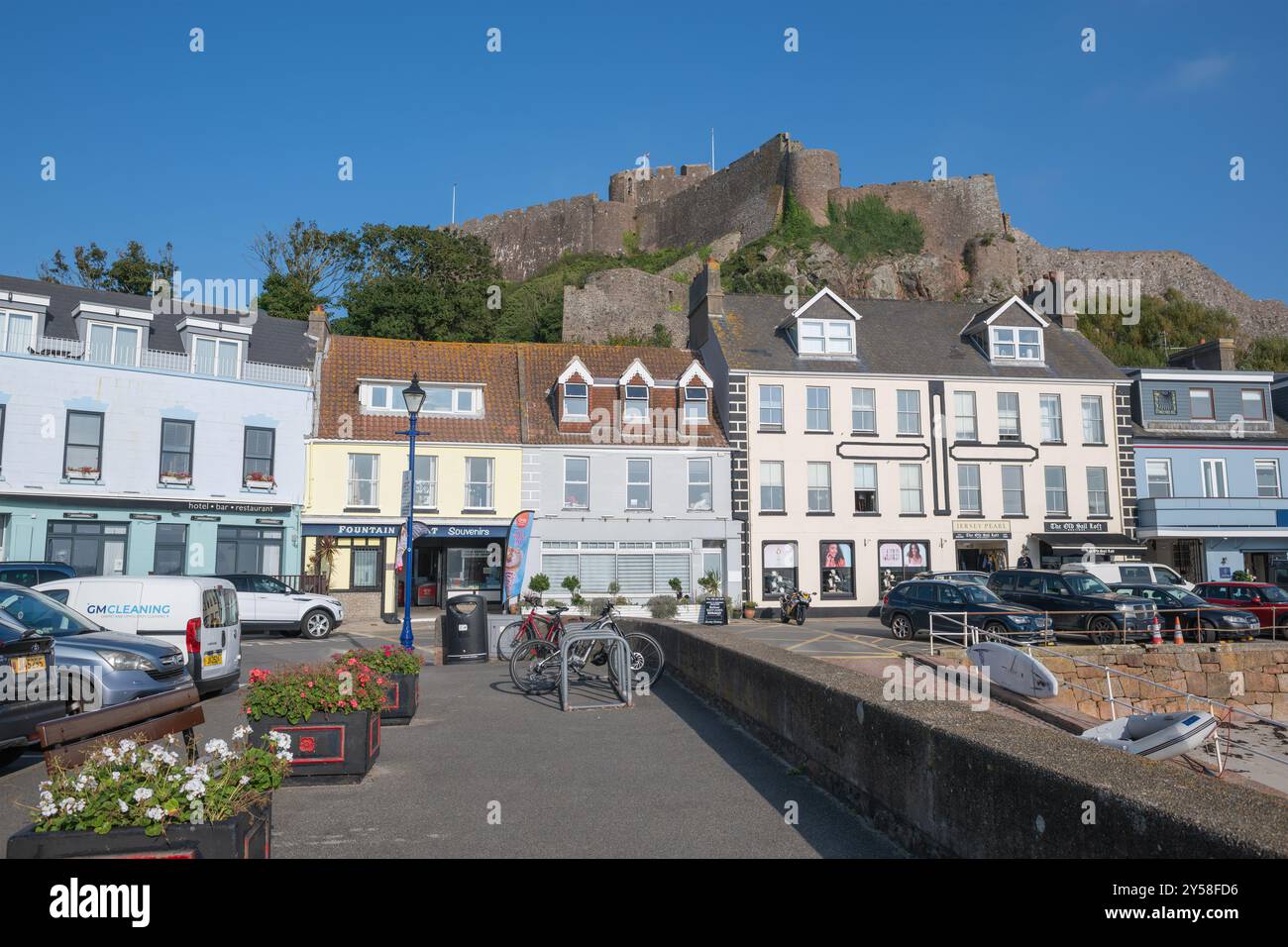 Mont Orgueil Castle (Gorey Castle), village and harbour Stock Photo - Alamy