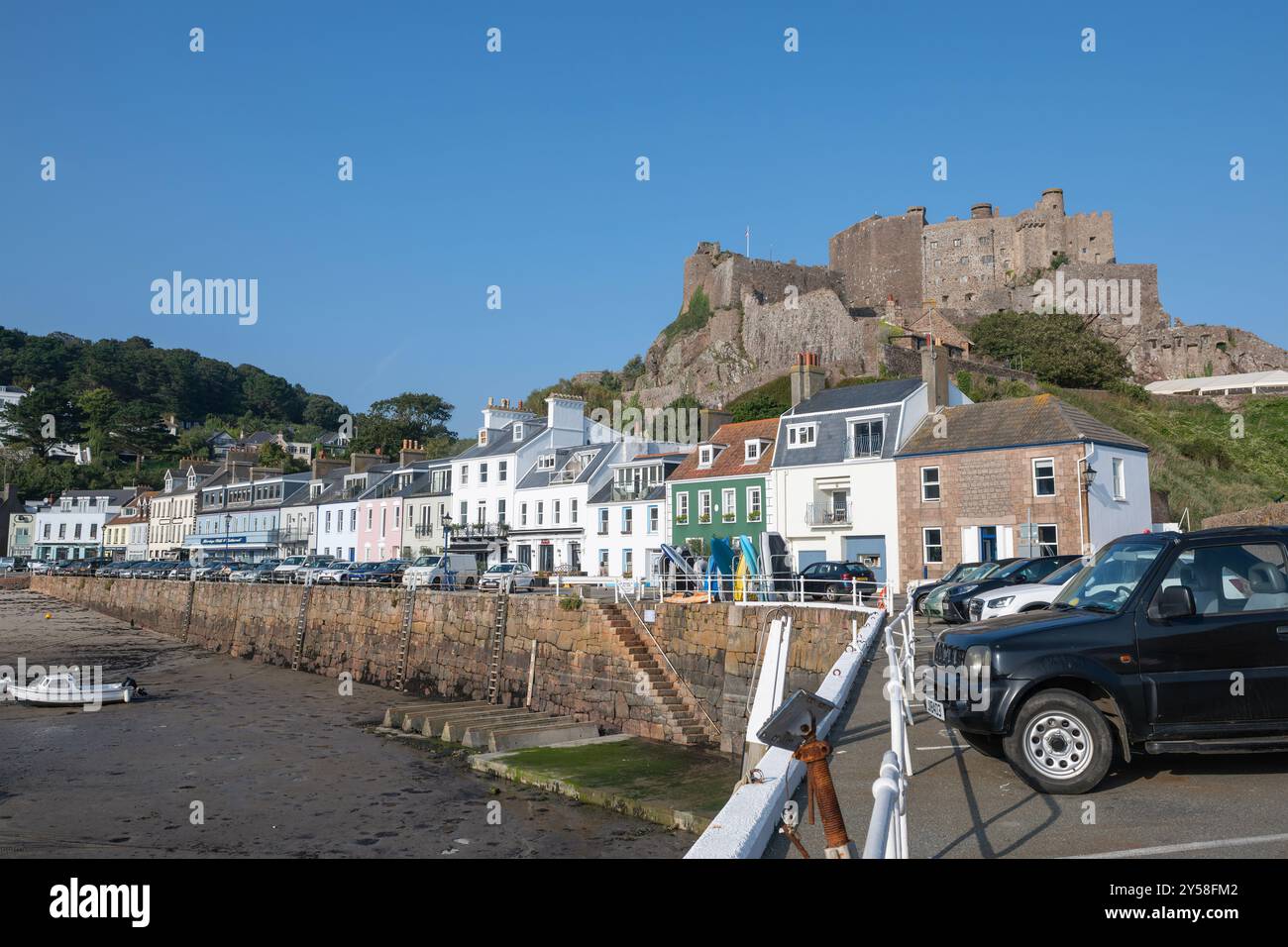 Mont Orgueil Castle (Gorey Castle), village and harbour Stock Photo - Alamy