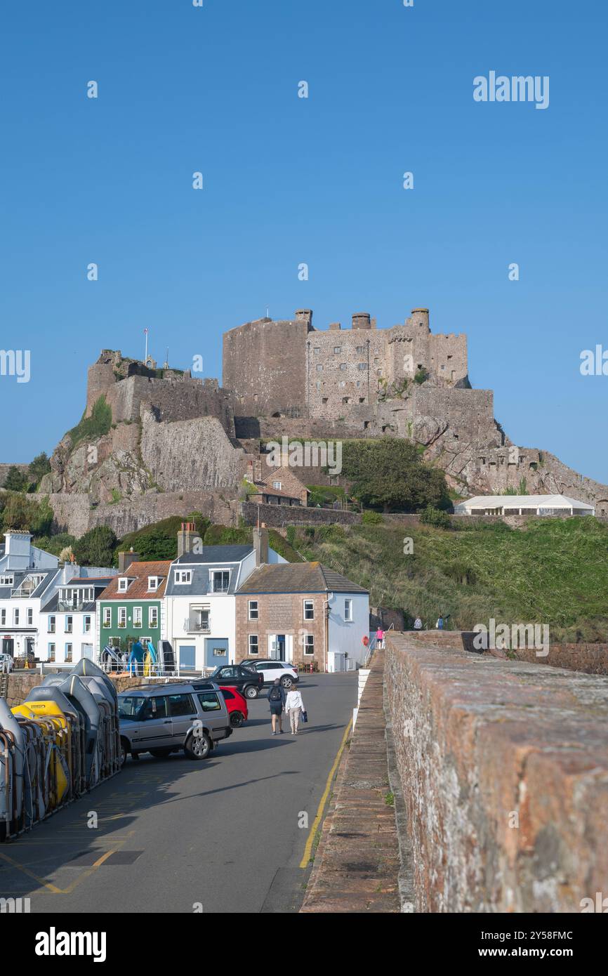 Mont Orgueil Castle (Gorey Castle), village and harbour Stock Photo - Alamy