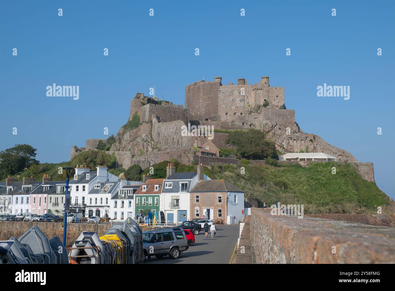 Mont Orgueil Castle (Gorey Castle), village and harbour Stock Photo - Alamy