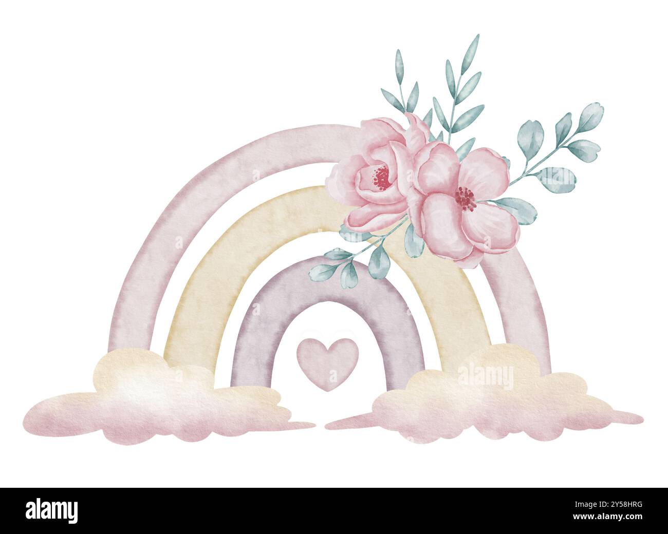 Floral Rainbow with clouds watercolor illustration. Drawing of sky ...
