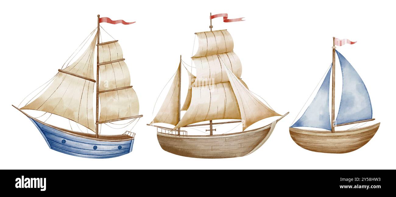 Sailboat watercolor illustration. Drawing of sailing ship in pastel ...