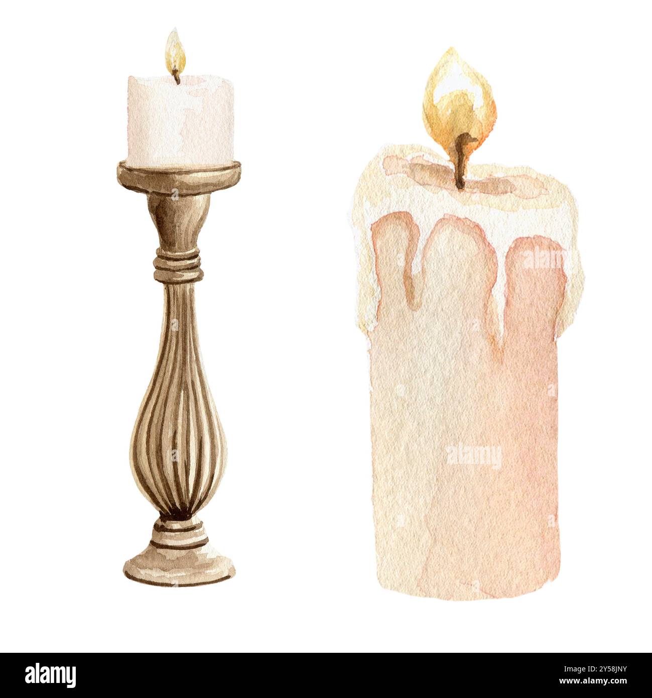 Burning candle on a candlestick and single candle. Two candles of ...