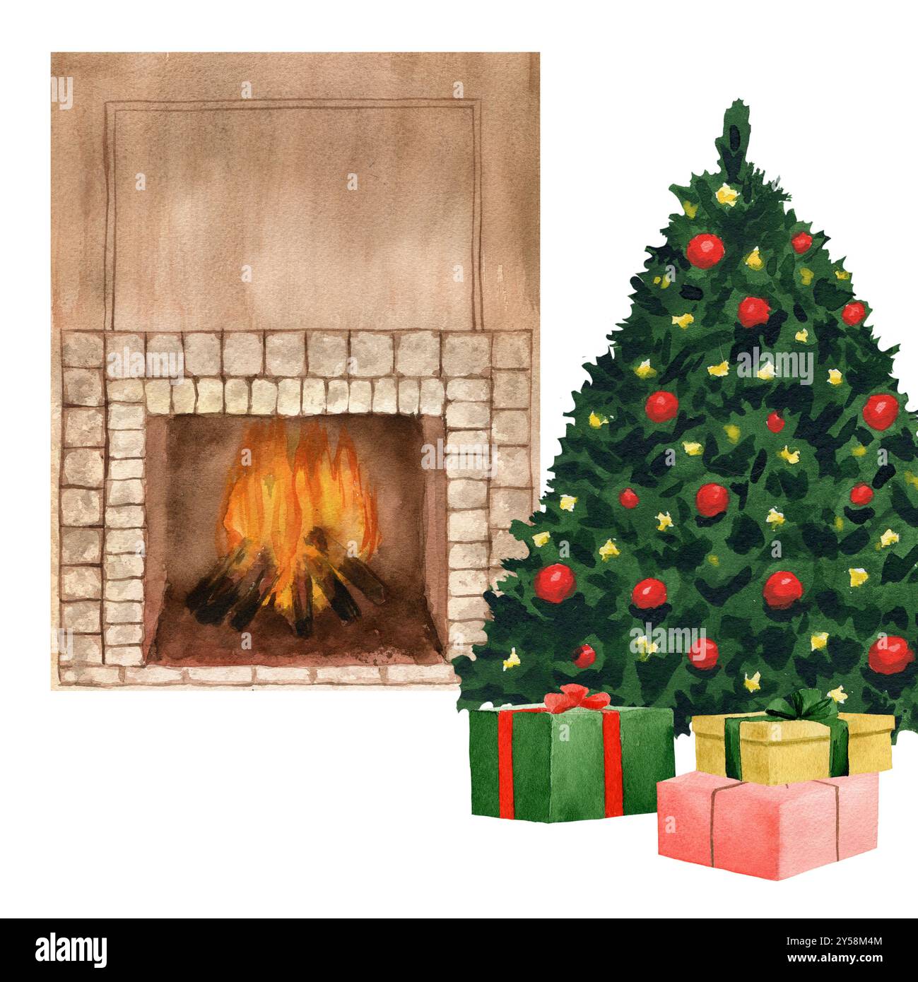 Cozy watercolor fireplace with open fire, Christmas tree and different ...