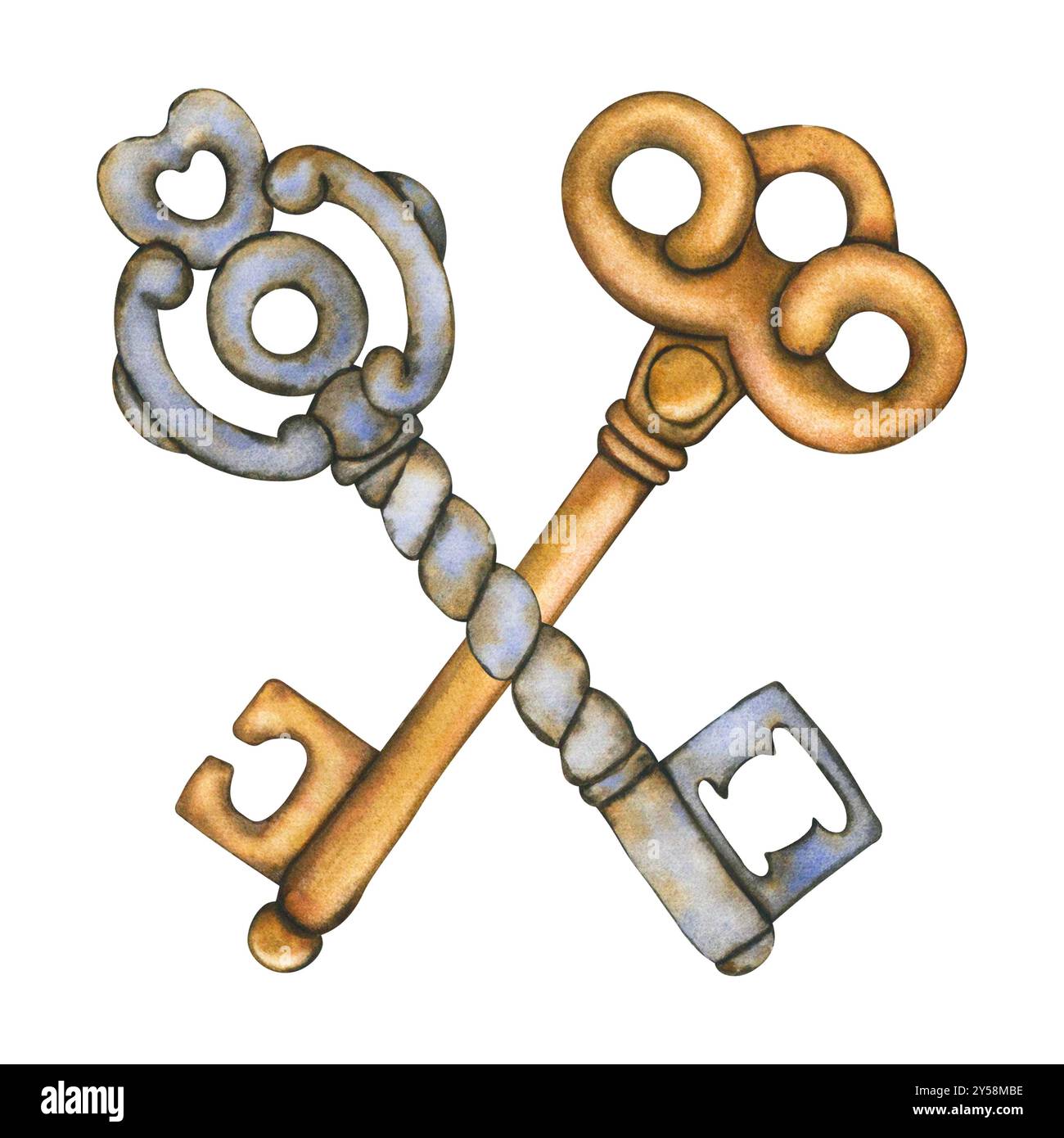 Crossed antique keys. Watercolor hand drawn illustration on white ...