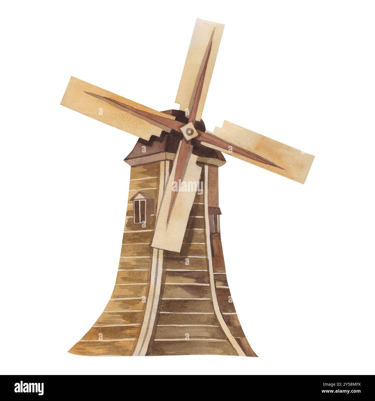 Brown wooden mill, hand painted with watercolor and isolated on white ...