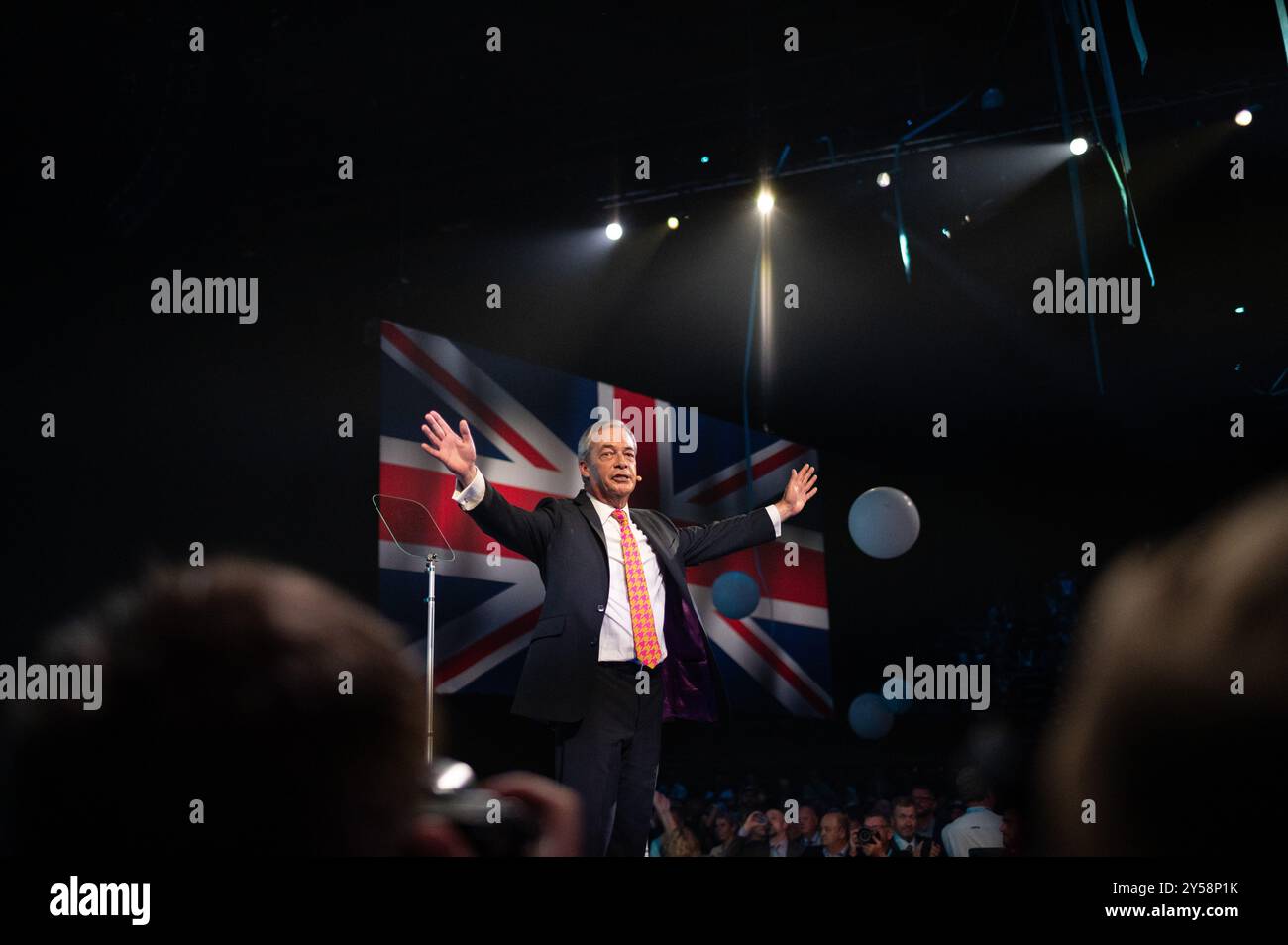 Birmingham, UK. 20th Sep, 2024. Nigel Farage MP seen addressing the ...