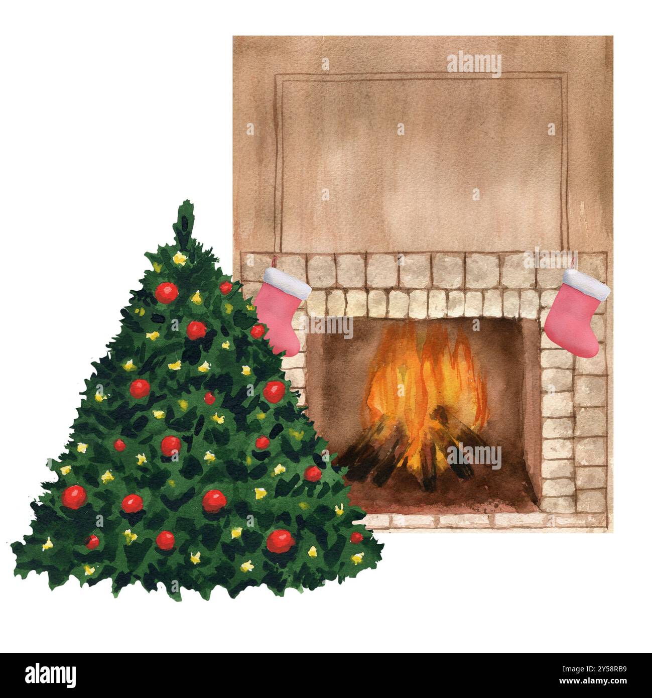 Cozy watercolor fireplace with open fire, Christmas tree and Christmas ...