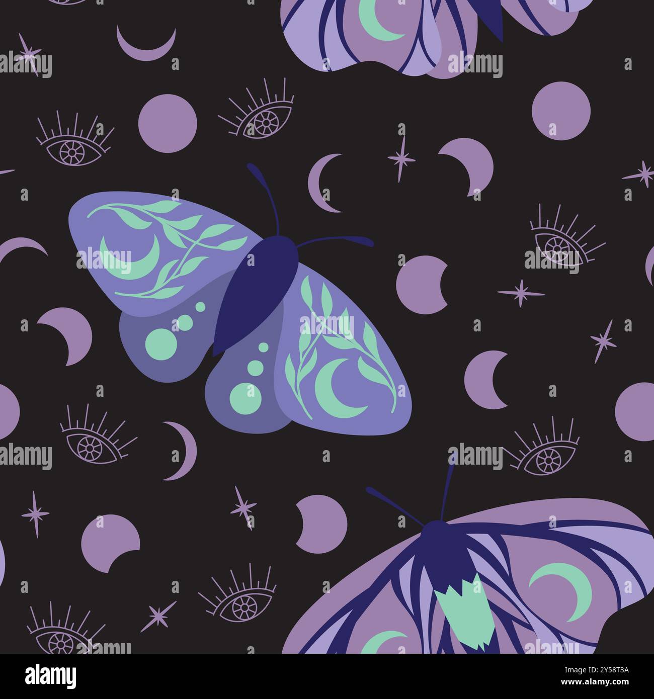 Pattern with butterflies, moon and stars Stock Vector Image & Art - Alamy