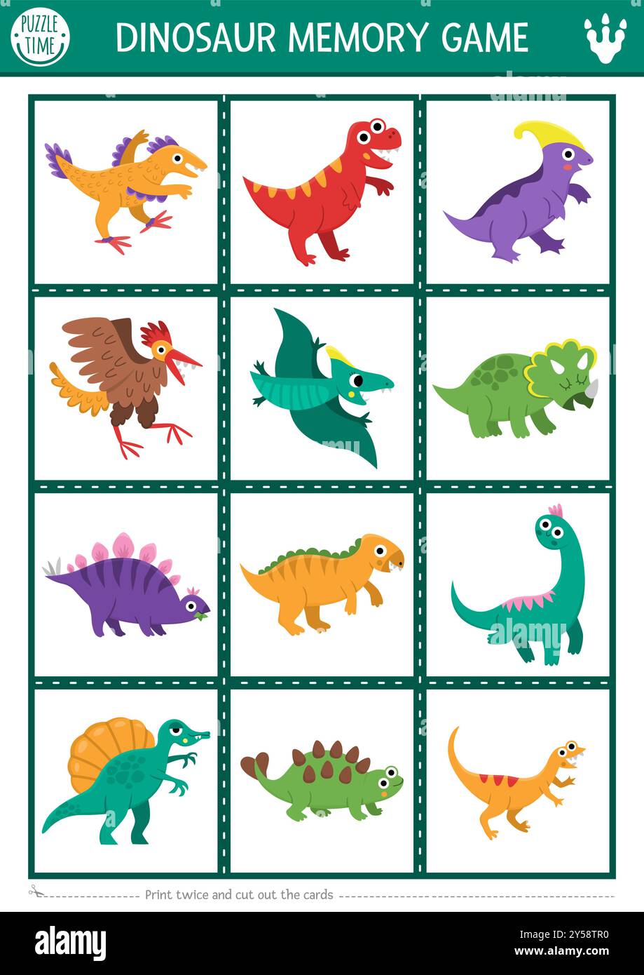 Vector dinosaur memory game cards with cute T-rex, velociraptor ...