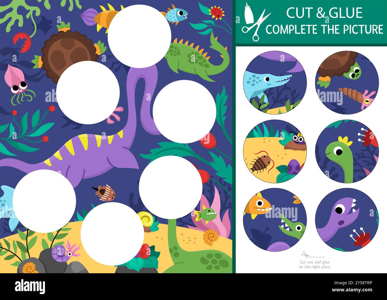 Vector dinosaur cut and glue activity. Prehistoric crafting game with ...