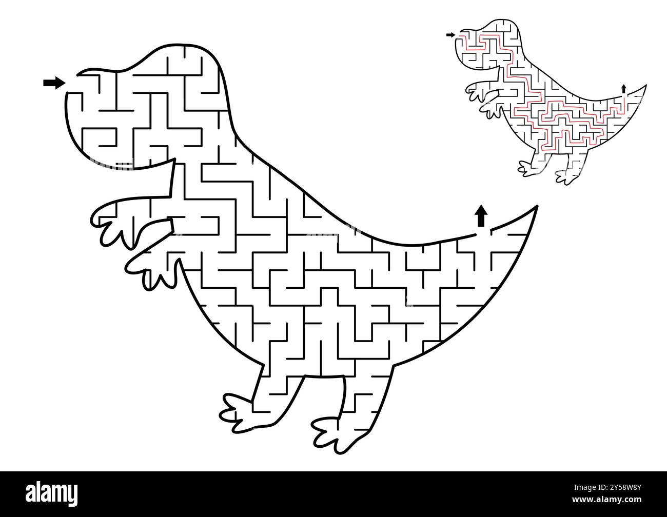 Dinosaur geometrical maze with for kids. Preschool printable activity shaped as tyrannosaurus ...