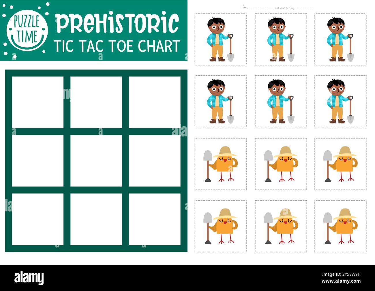 Vector dinosaur tic tac toe chart with paleontologist boy and bird ...