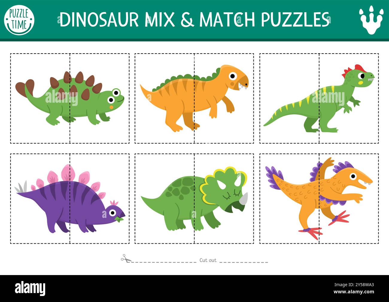 Vector dinosaur mix and match puzzle with cute ancient animals ...