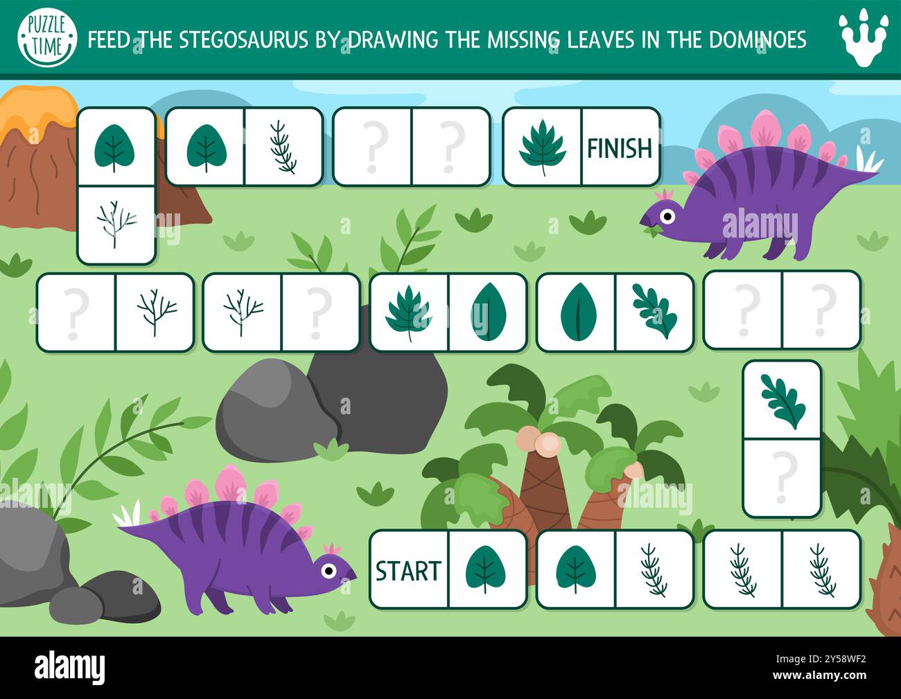 Vector dinosaur domino puzzle for kids with pictures. Simple ...