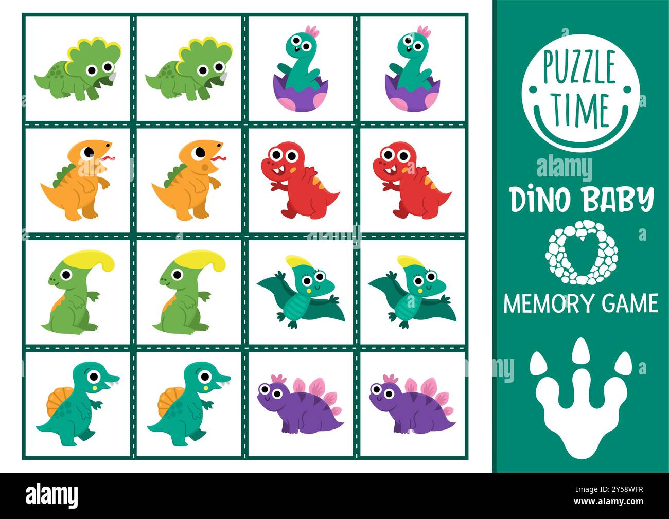 Vector baby dinosaur memory game cards with cute little T-rex ...