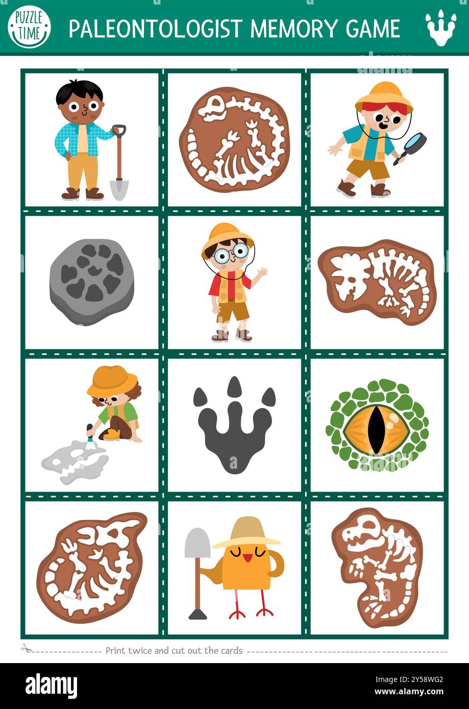 Vector paleontologist memory game cards with cute dinosaur bones ...