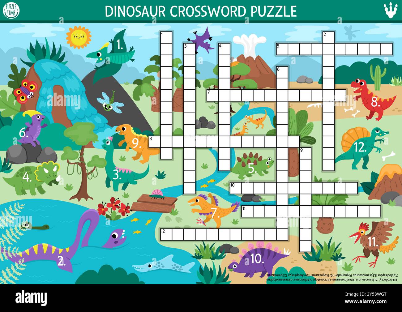 Vector crossword puzzle for kids with dinosaur names. Quiz with dino ...