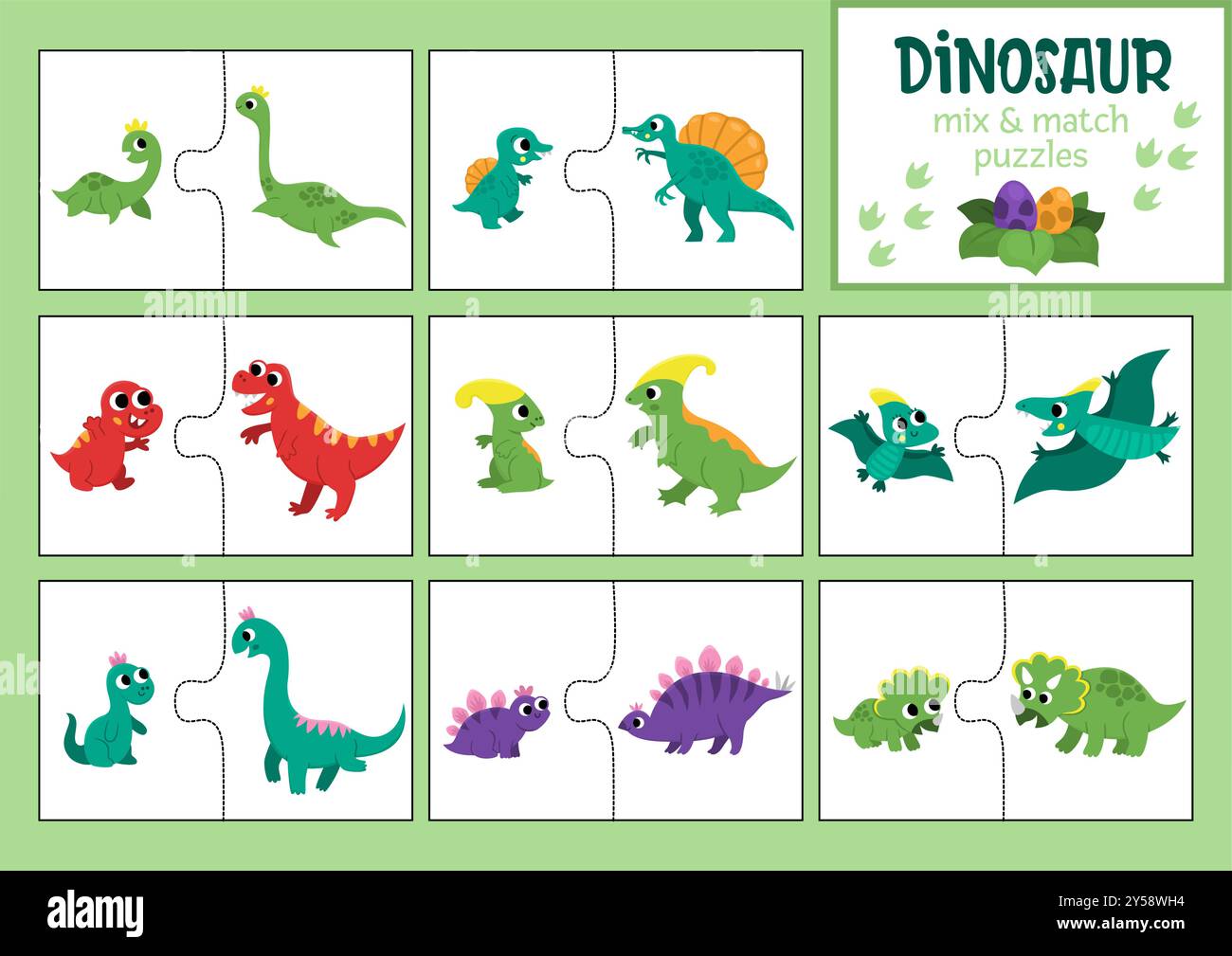 Vector dinosaur mix and match puzzle with cute ancient animals and ...