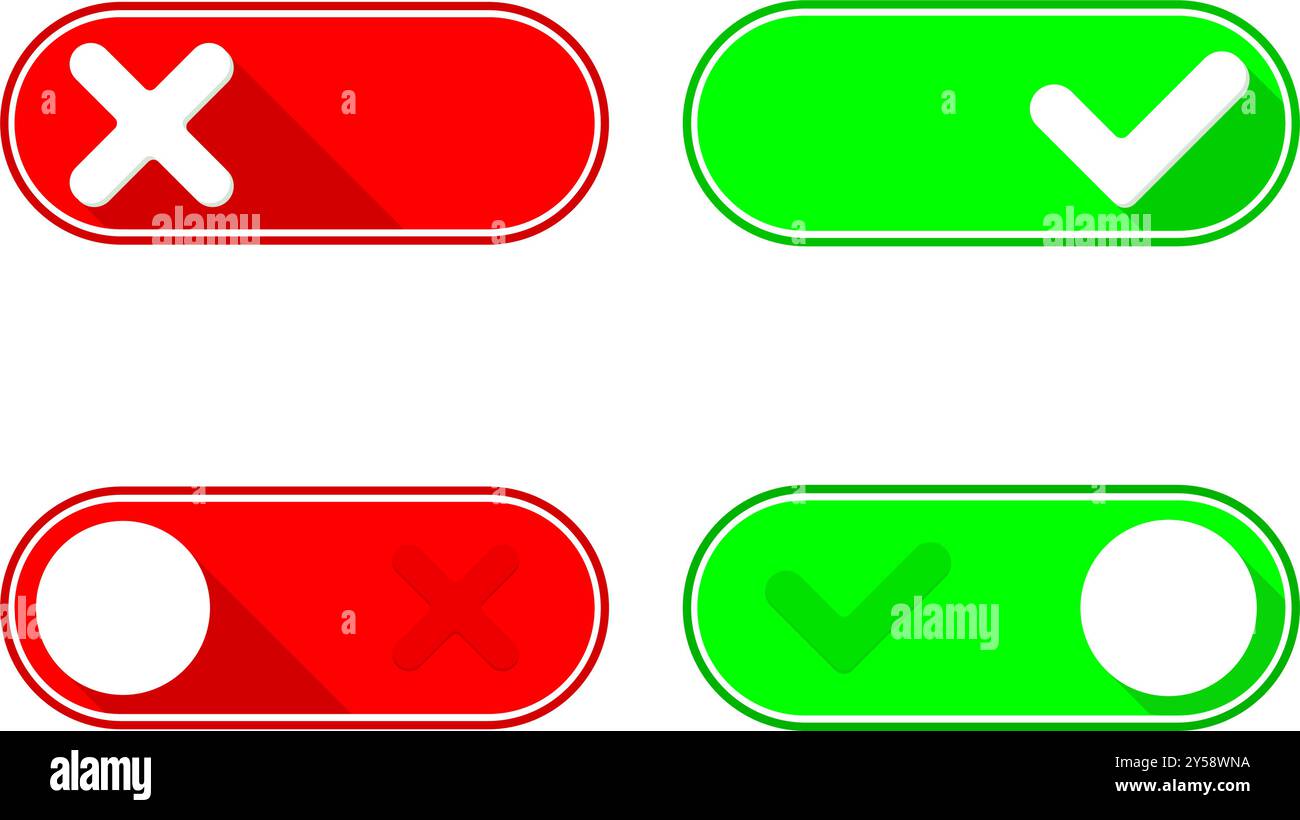 Set of Green On check mark and Red Off X mark toggle switch buttons icon symbol. Flat vector ...