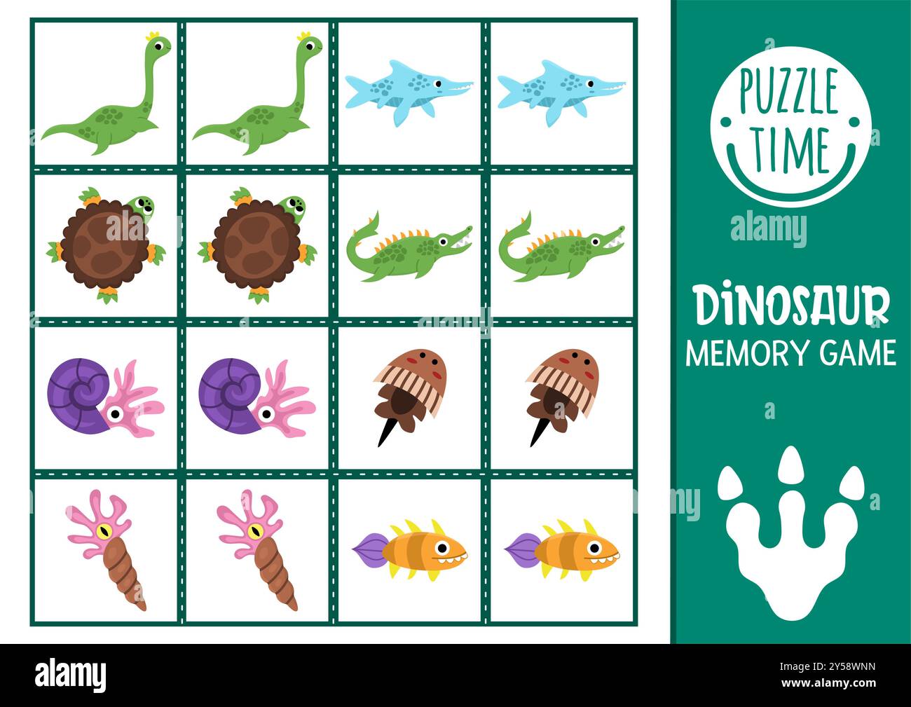 Vector water dinosaur memory game cards with cute plesiosaur, crocodile ...