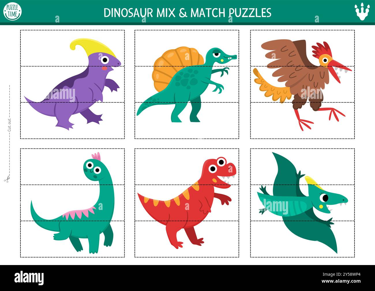 Vector dinosaur mix and match puzzle with cute ancient animals ...
