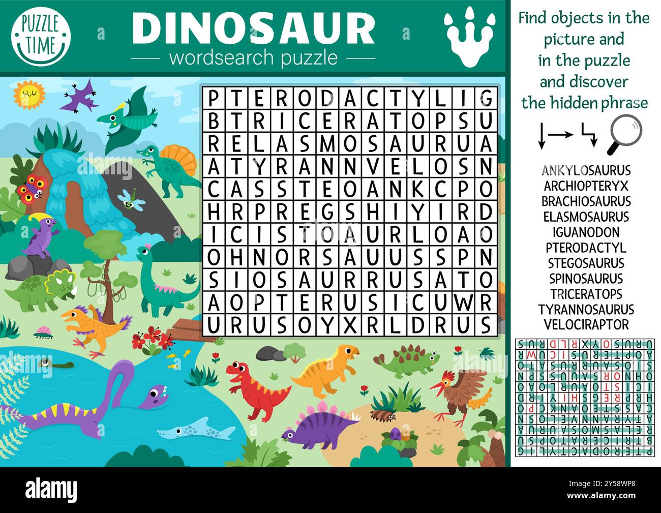 Vector wordsearch puzzle for kids with dinosaur names. Word search quiz ...