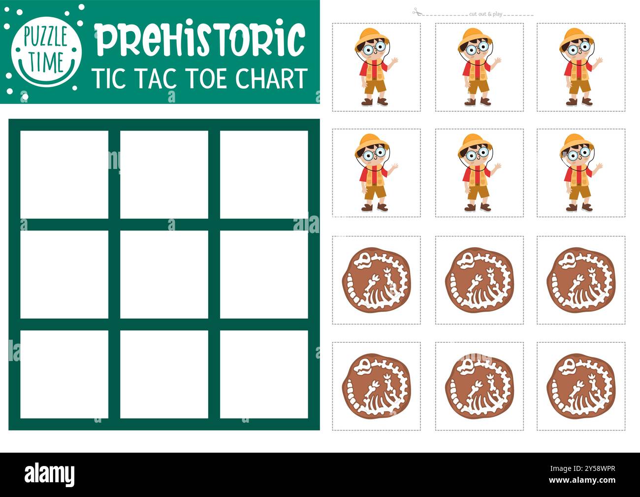 Vector dinosaur tic tac toe chart with paleontologist, brachiosaur ...