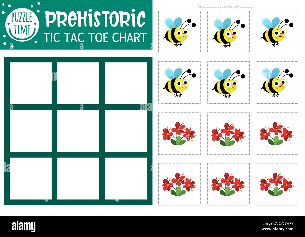 Vector dinosaur tic tac toe chart with ancient bumblebee and flower ...