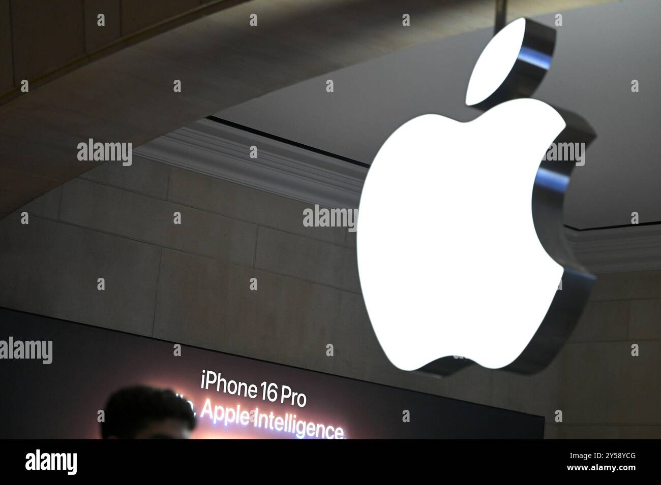 New York, USA. 20th Sep, 2024. View of the Apple logo iPhone 16 poster ...