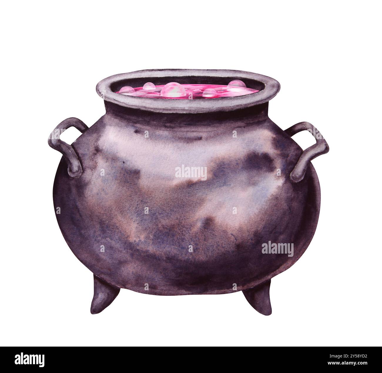 Black cast iron cauldron with pink potion. Esoteric attribute of a ...