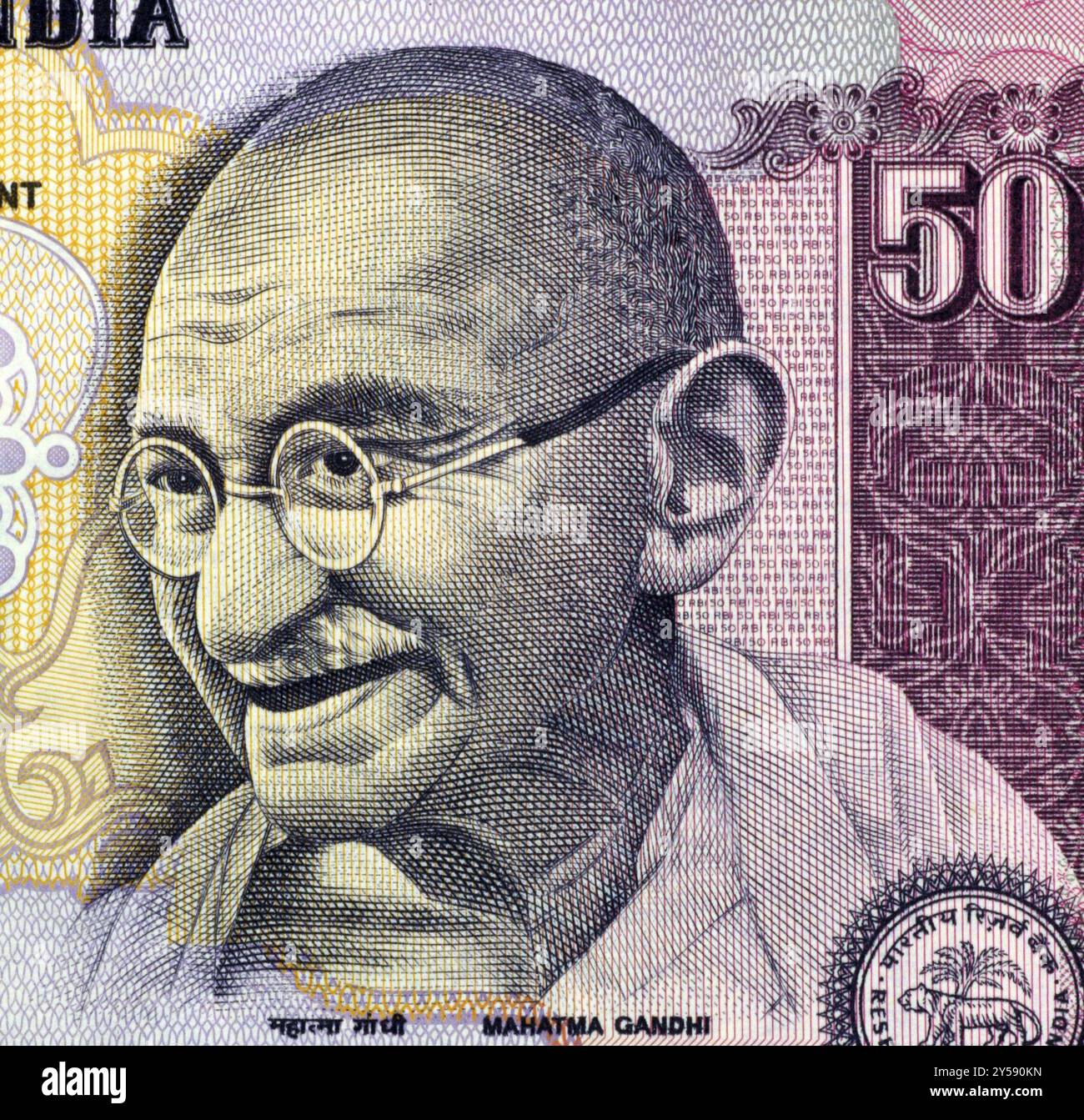 Gandhi on 50 rupees banknote from India Stock Photo - Alamy