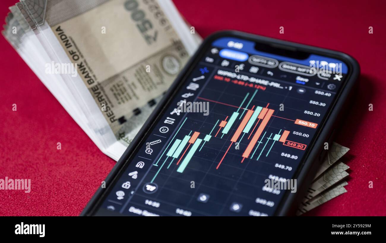 Stock market graph or chart display on a mobile phone against Indian ...