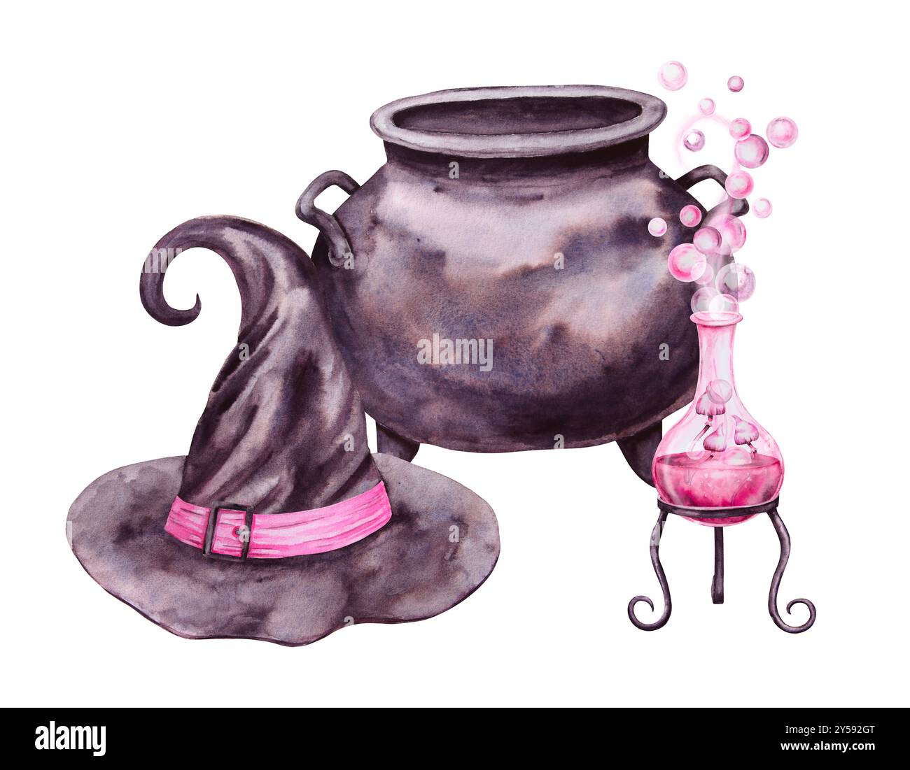 Black cast iron cauldron for brewing potions, glass transparent flask ...