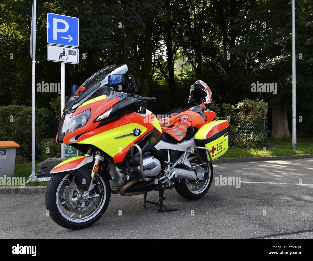 Motorbike of the BRK motorbike patrol is parked in the car park on the ...