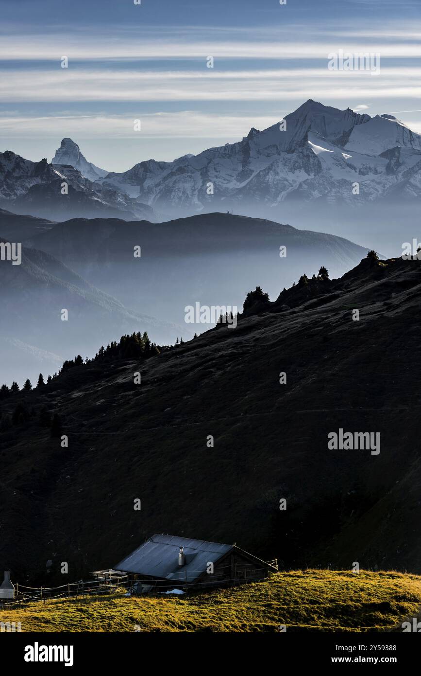 Swiss Alps, Matterhorn, mountain hut, alpine hut, evening light, dusk ...