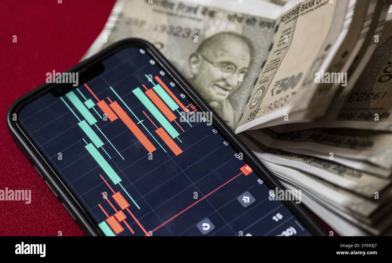 Stock market graph or chart display on a mobile phone against Indian ...