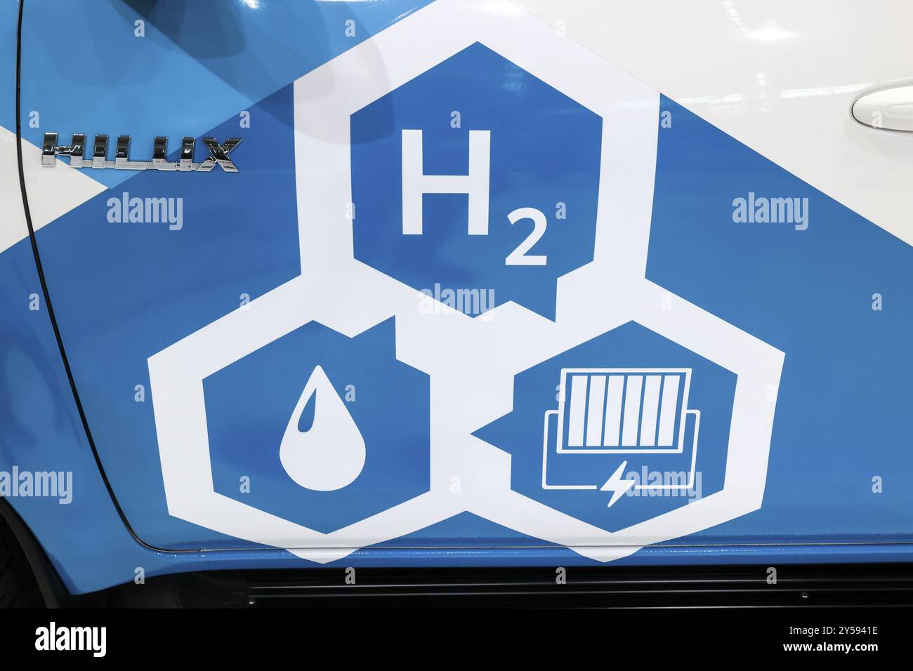 H2 hydrogen fuel cell logo on a Toyoa Hilux Fuel Cell Electric Vehicle ...