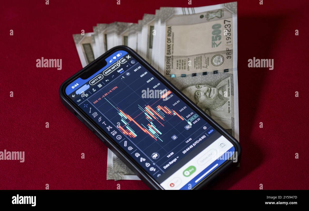 Stock market graph or chart display on a mobile phone against Indian ...