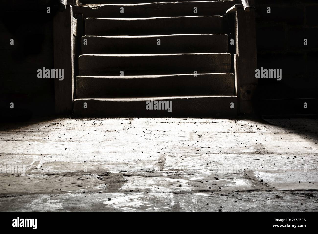 Medieval basement stone floor close up and the aged stone stairs Stock ...