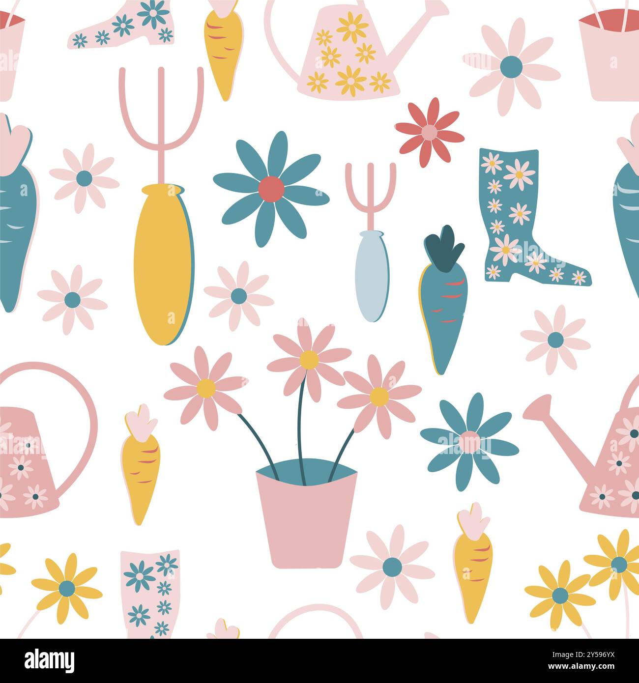 Gardening symbols seamless repeating pattern illustration on white ...